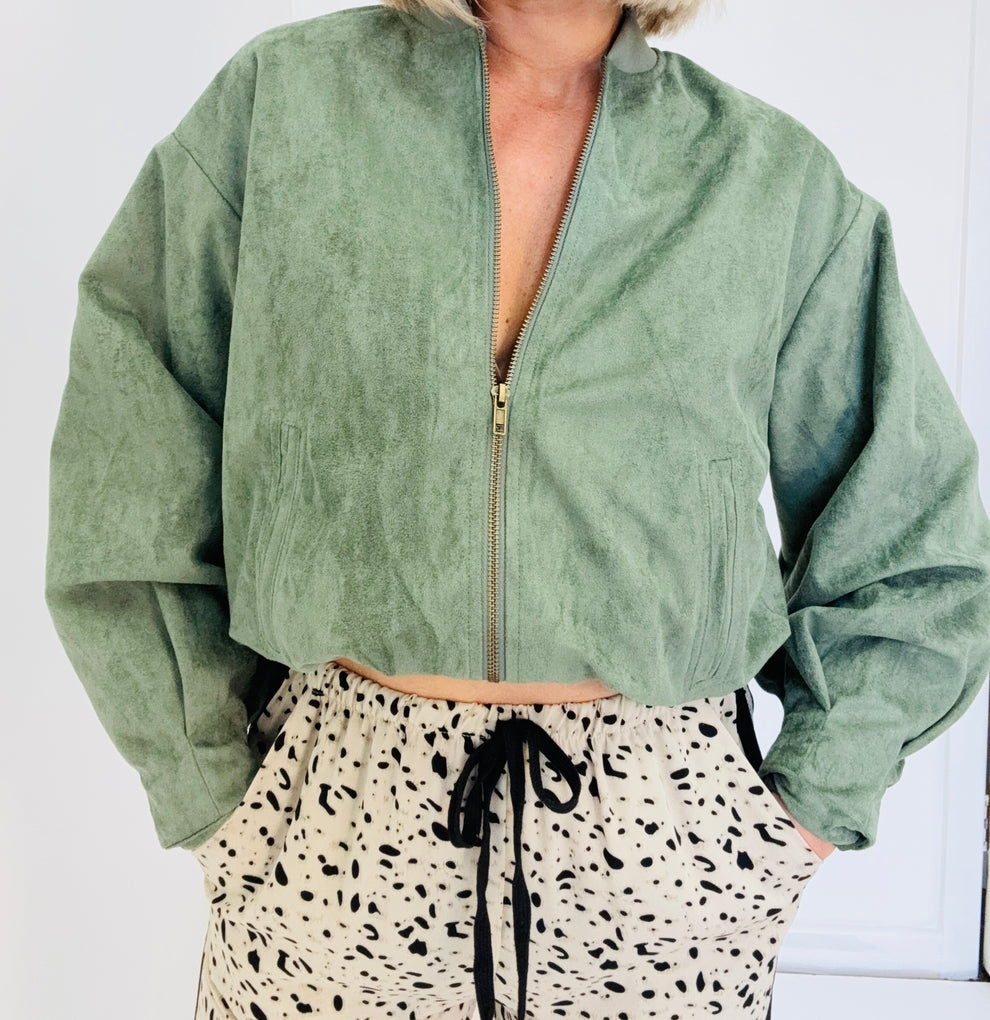 Luna Suede Bomber- Olive – Baylee Mae